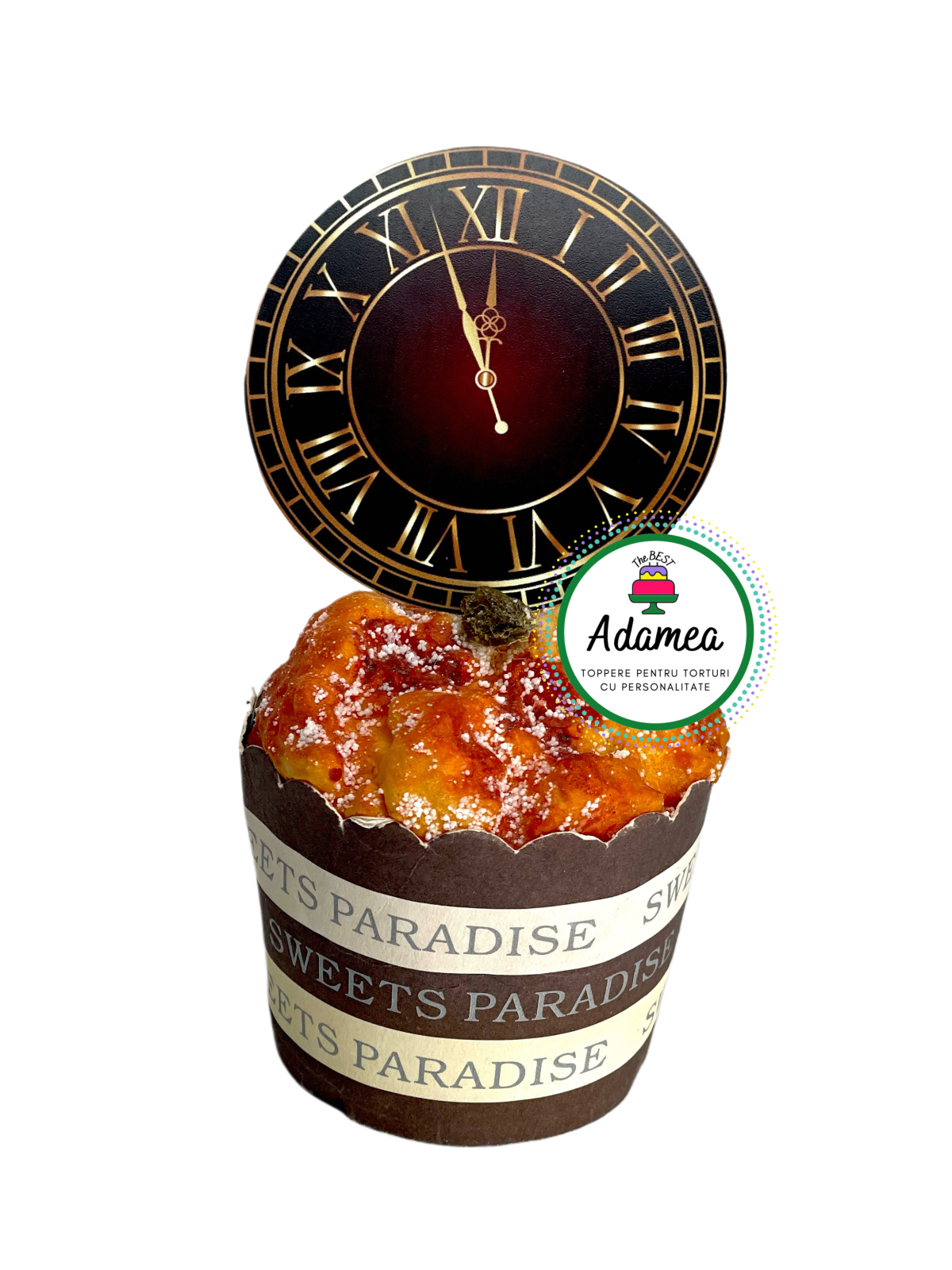 Steguleț Rotund cu Ceas Revelion 7,5 cm – Topper Tort Festiv | Adamea