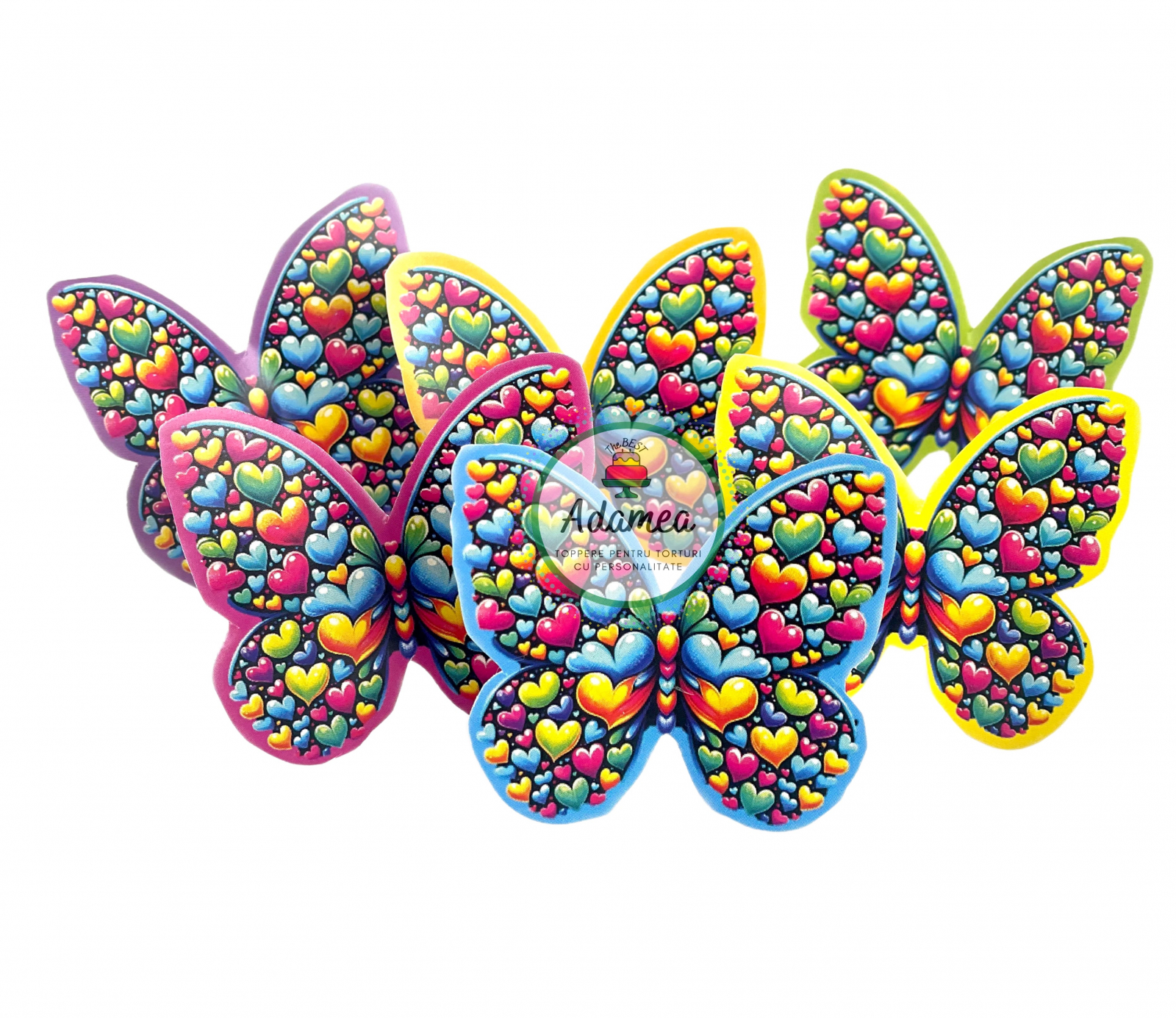 Decor de tort cu element tip placuta cartonas cu fluturi cu inimi colorate