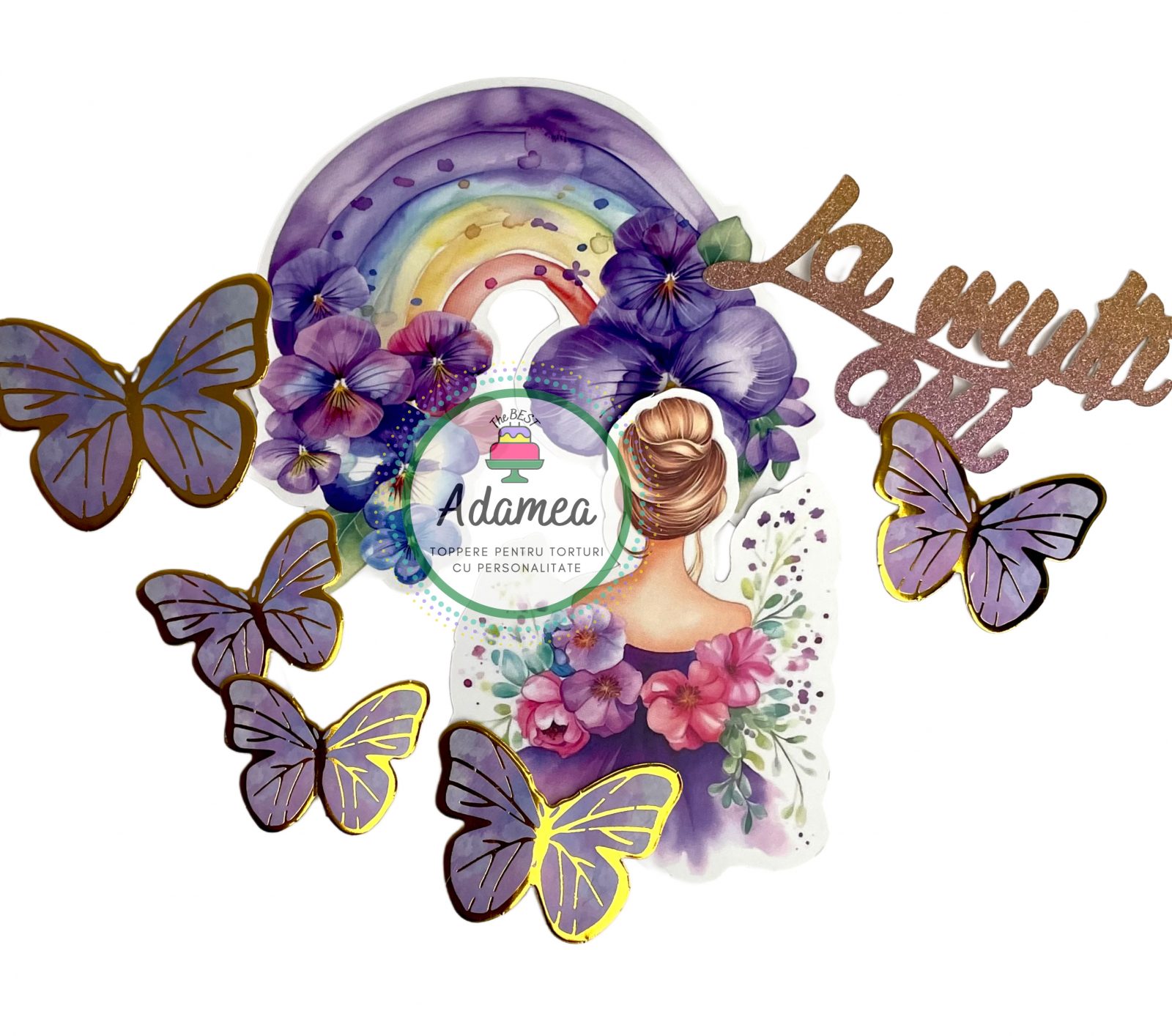 Topper tort cu curcubeu pictat cu panselute colorate