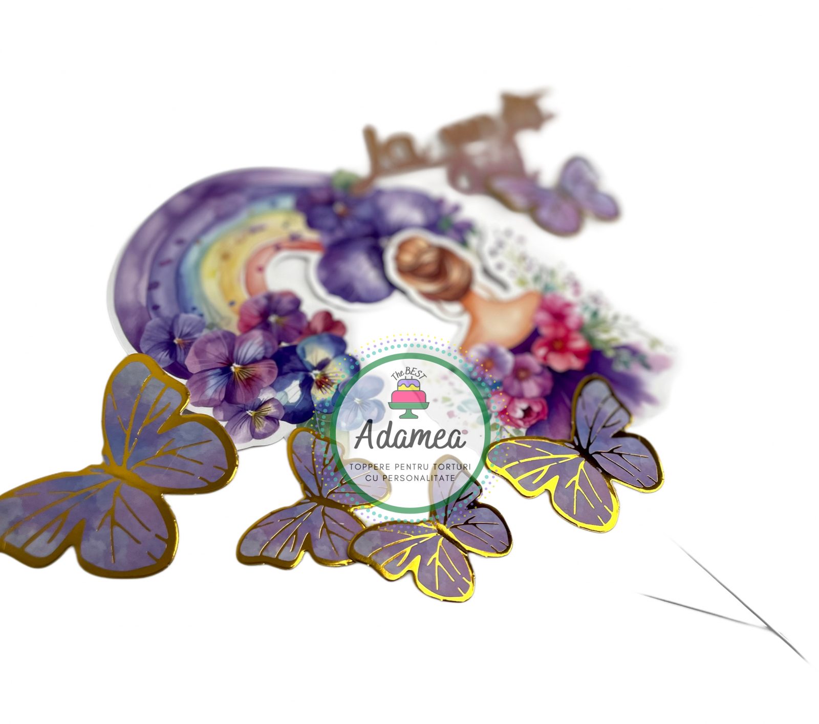 Topper tort cu curcubeu pictat cu panselute colorate