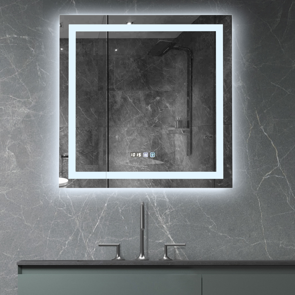 Oglinda baie cu iluminare led,dezaburire,ceas,termometru, 80X80 cm