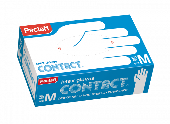 Manusi albe semi-pudrate din latex Paclan Contact, marime M, 100 buc ...