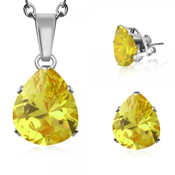 Set inox cu zirconii galbene in forma de picatura - BeSpecial.ro - SSL0030
