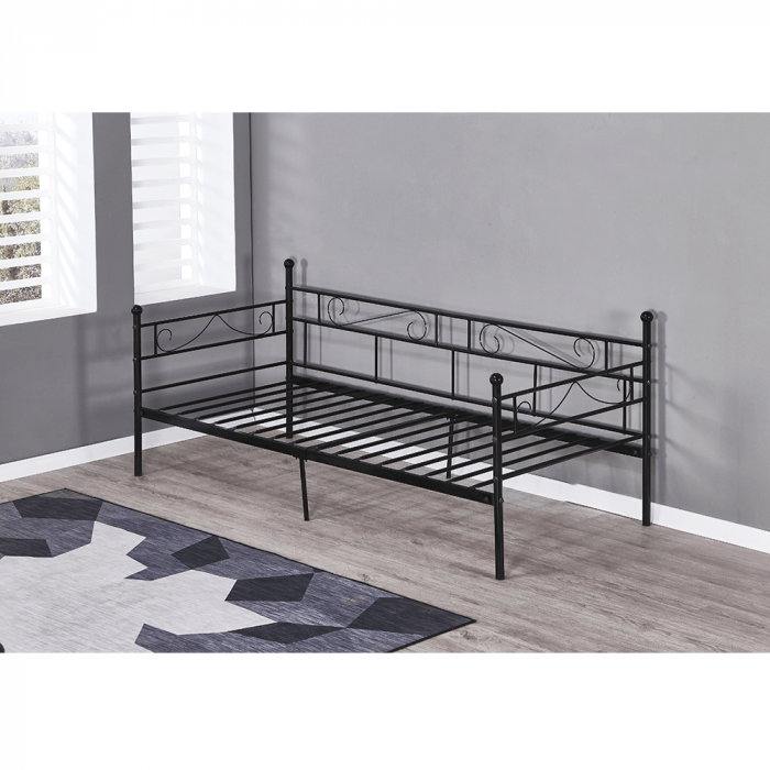 Pat metalic de 1 persoana , 90x200 ,negru ,suport saltea inclus