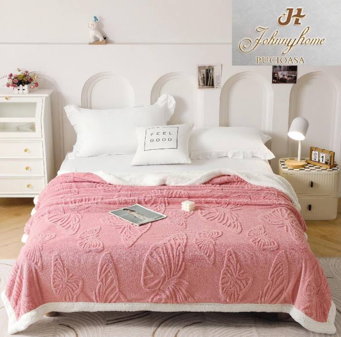Patura Cocolino Dubla cu Blanita,Fluturi,Roz-JD9 Patura Cocolino Dubla cu Blanita,Fluturi,Roz-JD9