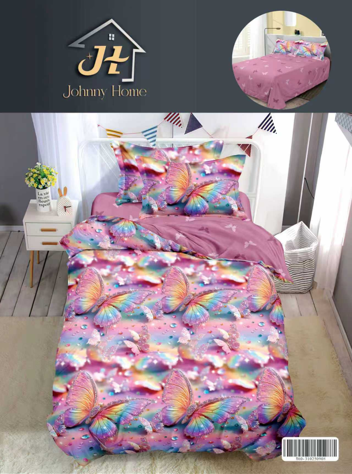 Lenjerie de pat 1 Persoana,4 piese,Fluturi curcubeu si picaturi de apa