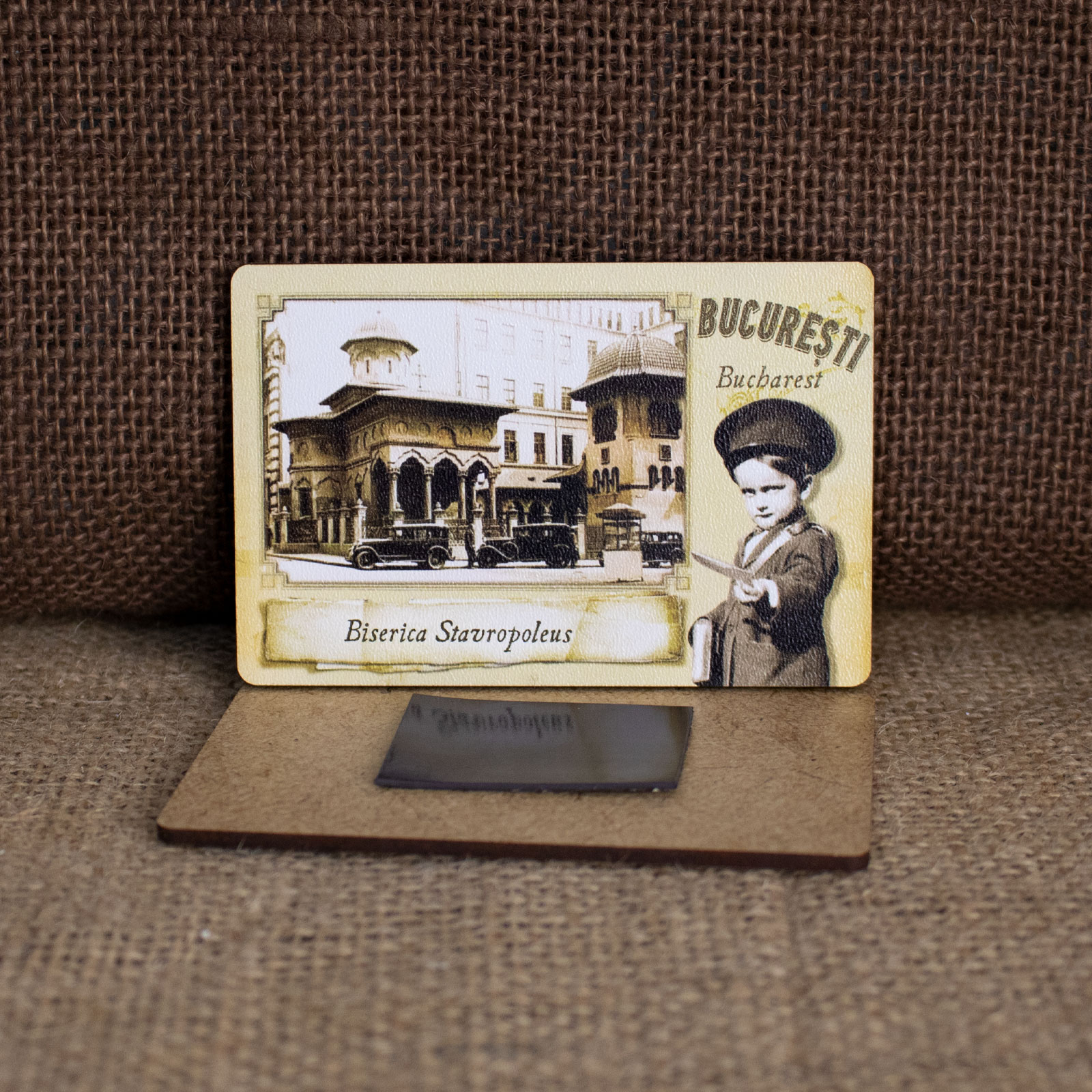 Magnet de frigider din lemn, vintage, Biserica Stavropoleus, Bucuresti