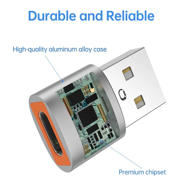 Adaptor OTG, de la USB tata la Type-C mama, 60W - Gri