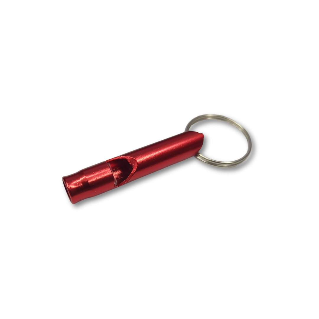 Breloc tip fluier din aluminiu, accesoriu functional pentru chei, rosu