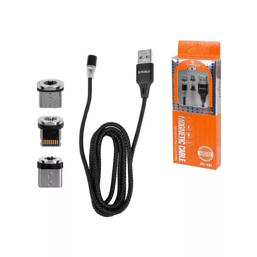 Cablu 3in1 cu 3 capete Magnetice, incarcare rapida, 120 cm - Negru