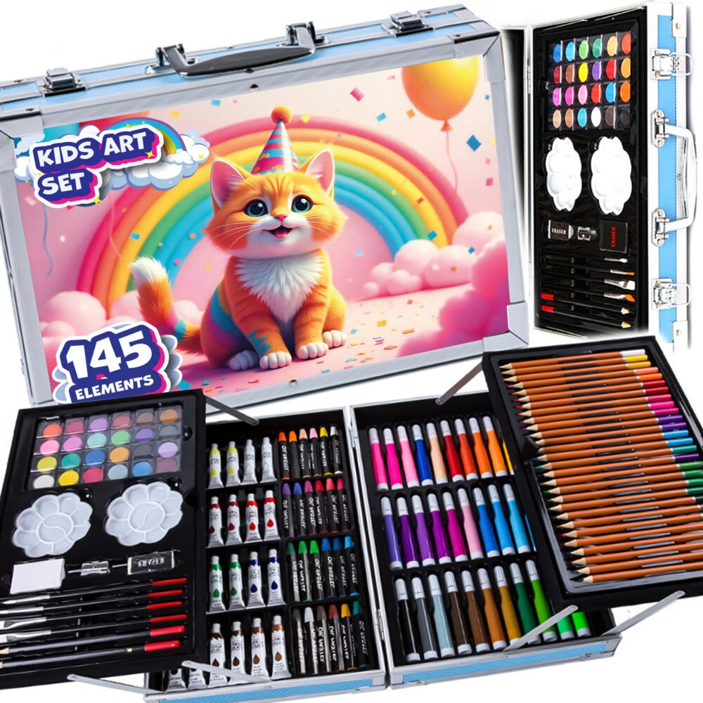 Set pictură și desen 145 piese pentru copii, cu valiză metalică