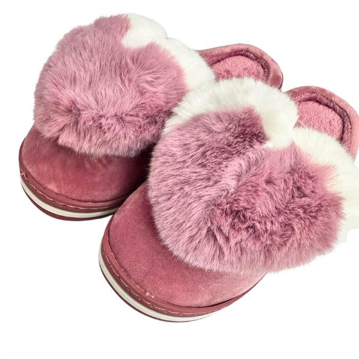 Papuci de casa dama de iarna caldurosi pufosi cu blanita inima in fata ...