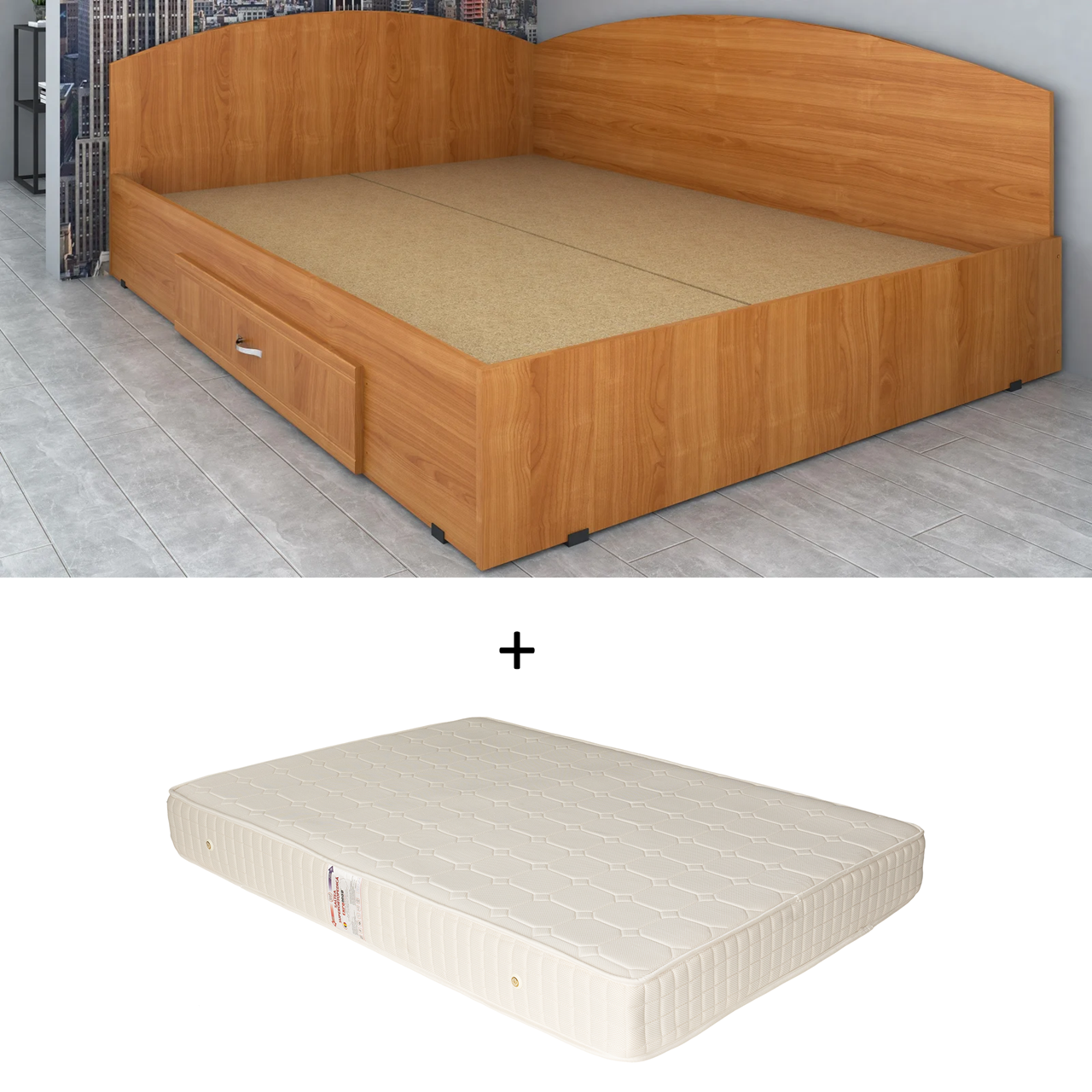 Set Pat de colt, cu sertar lateral pe role, cires + Saltea ...