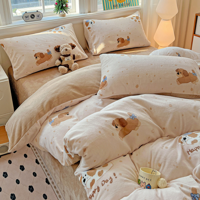 Lenjerie De Pat Cocolino 4 Piese Cu Elastic - Bej Cu Catei