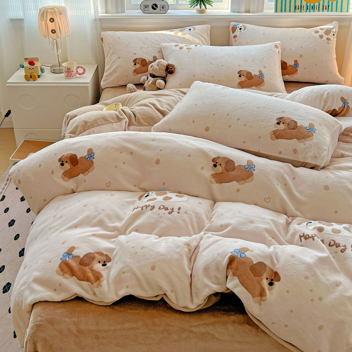 Lenjerie De Pat Cocolino 4 Piese Cu Elastic - Bej Cu Catei