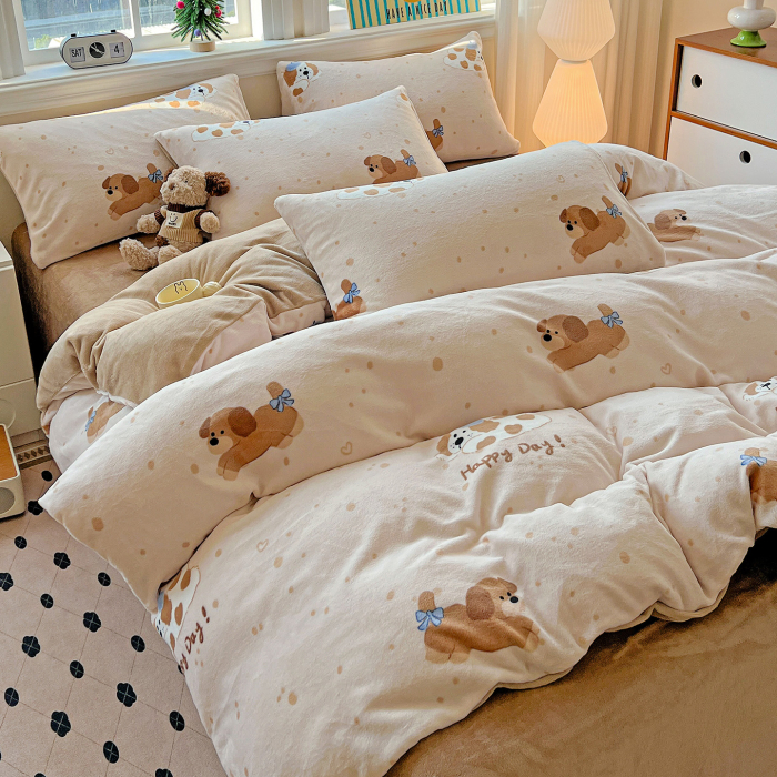 Lenjerie De Pat Cocolino 4 Piese Cu Elastic - Bej Cu Catei