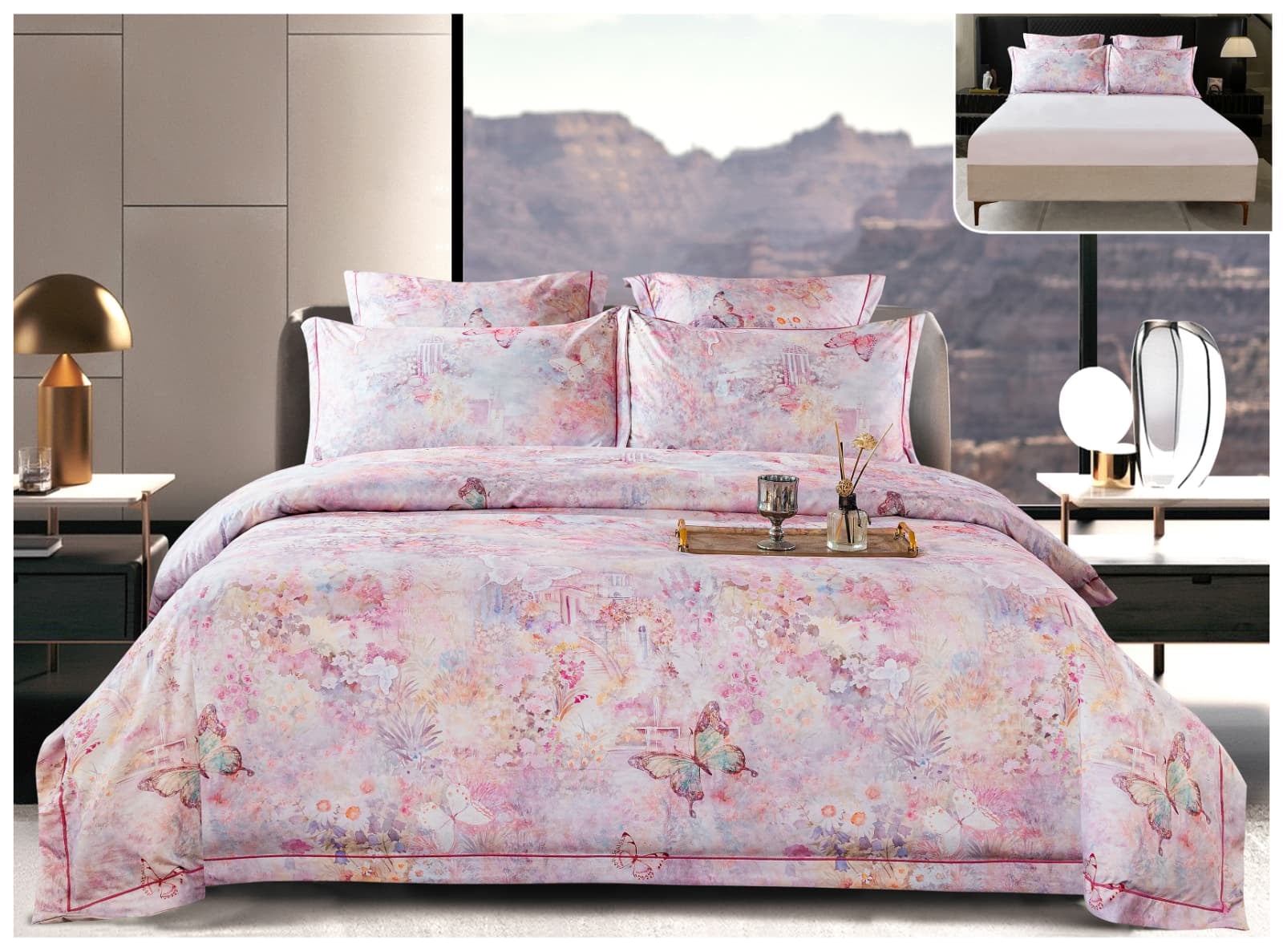 Lenjerie De Pat Din Satin Gros Cu Elastic La Cutie - Roz Pudrat Cu Fluturi