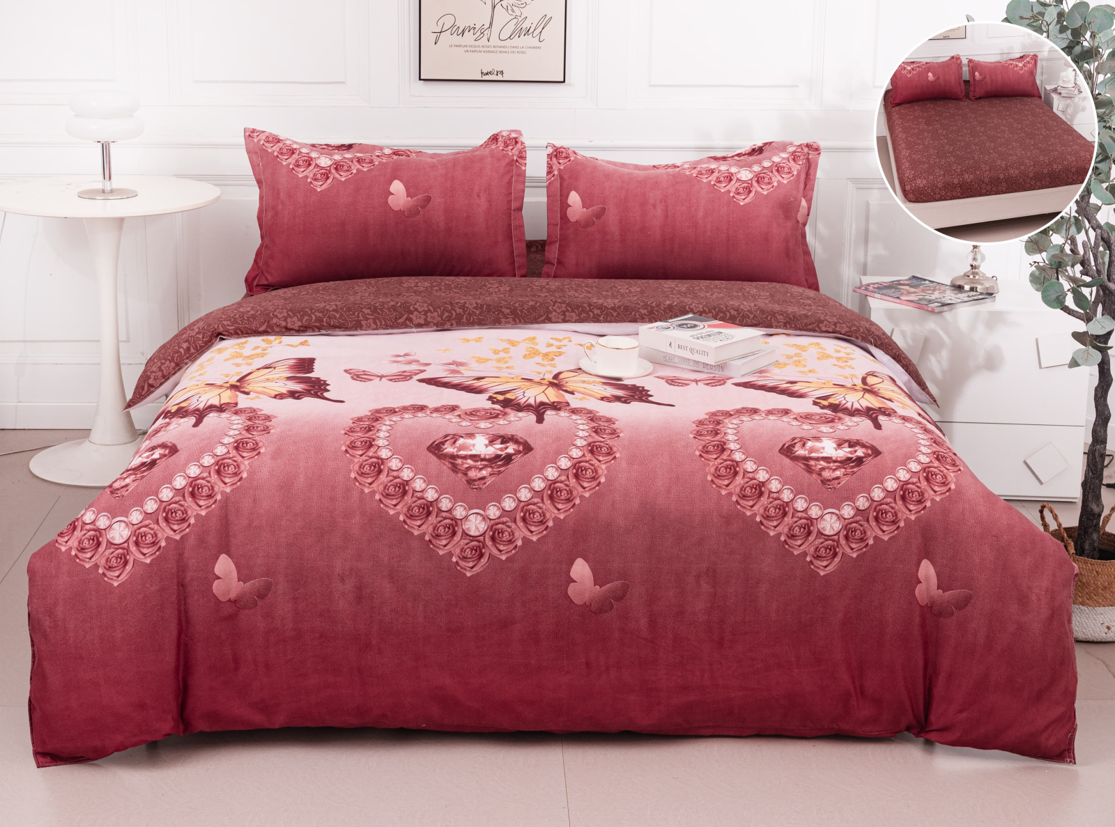 Lenjerie Din Bumbac Satinat Cu Elastic 4 Piese - Visiniu Cu Fluturi