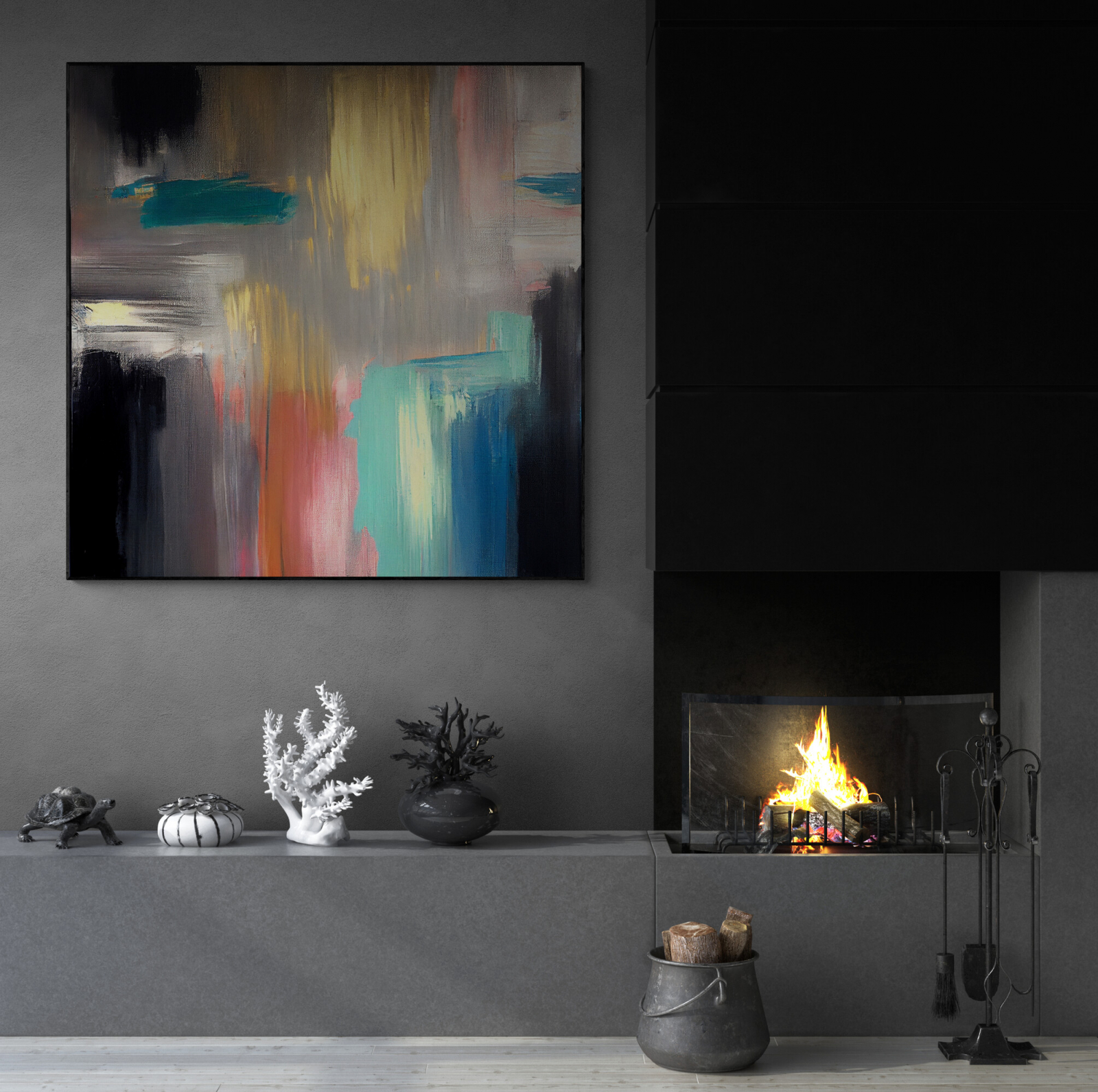 Tablou canvas, abstract, modern, colorat, nuante negru, albastru si gri ...
