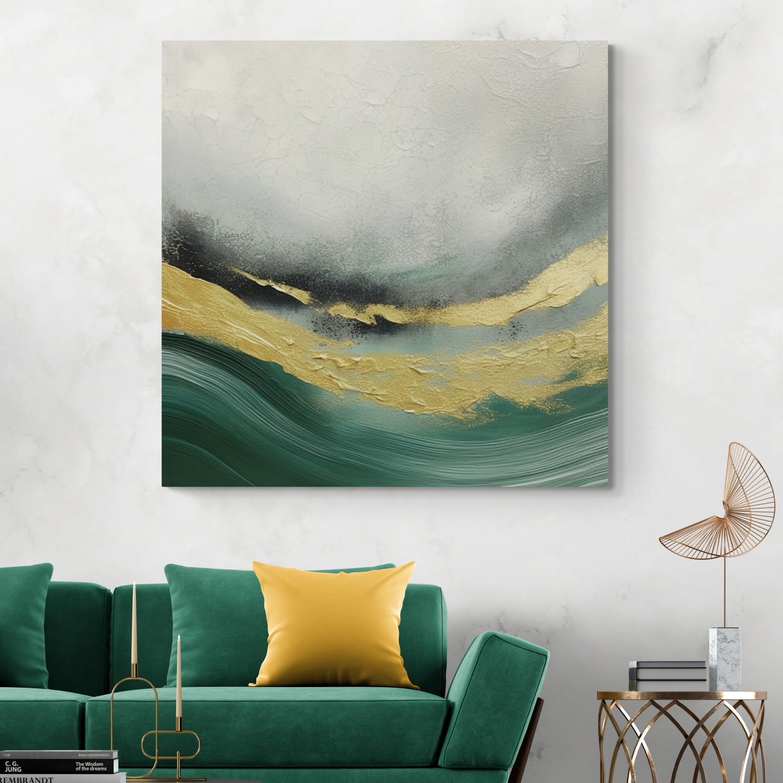 Tablou abstract auriu și verde – eleganță liniștitoare pentru living ...