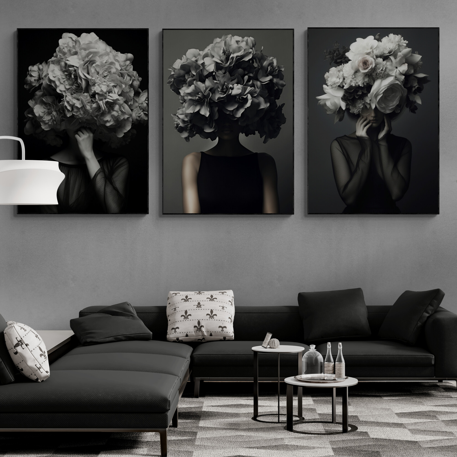 Tablou canvas, modern, portret femeie cu flori, elegant, alb negru ...