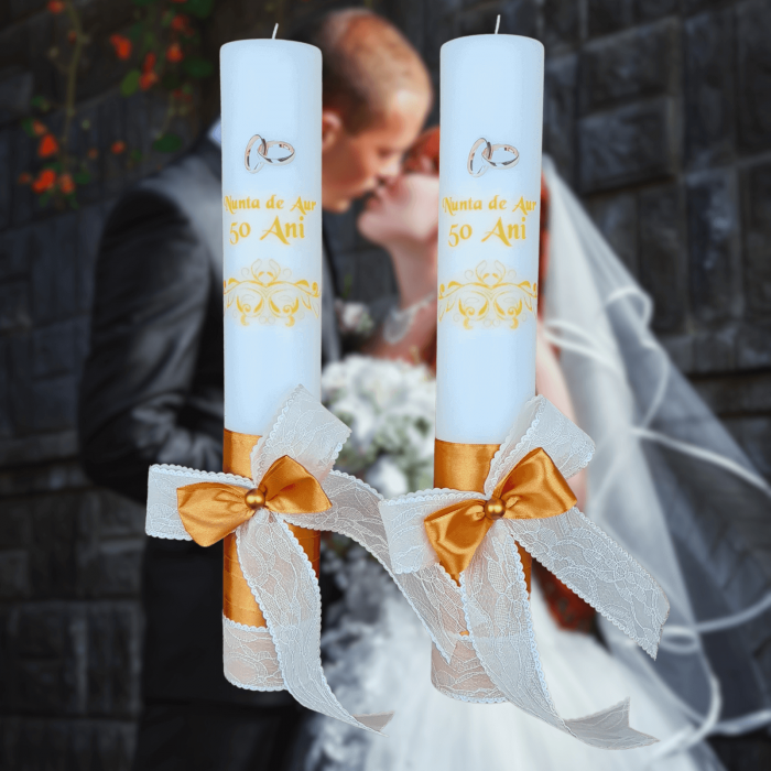 Set 2 Lumânări Nuntă Decorate Nunta de Aur 50 ani- Eleganță Artizanală | Servus Collection