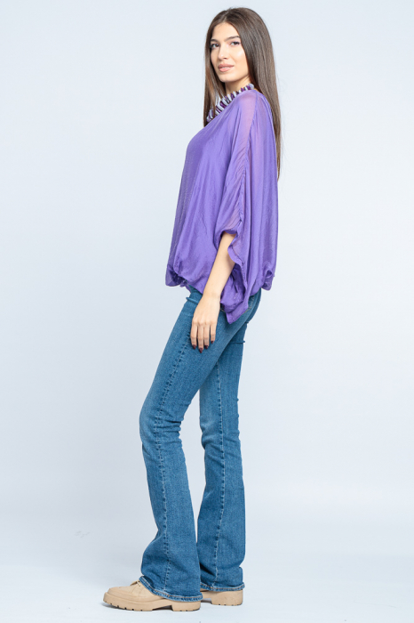 Bluza mov din matase naturala cu maneca fluture