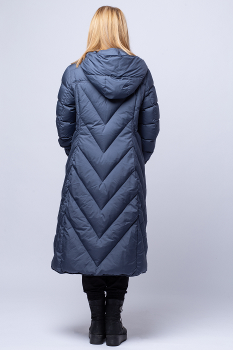 Geaca lunga groasa, albastra, umplutura din puf de rata alba, cu gluga