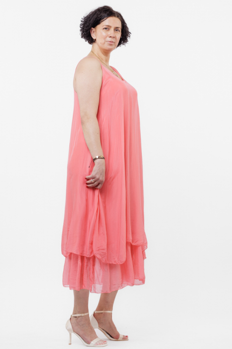 Rochie lunga A-line, suprapusa, din matase naturala, roz coral