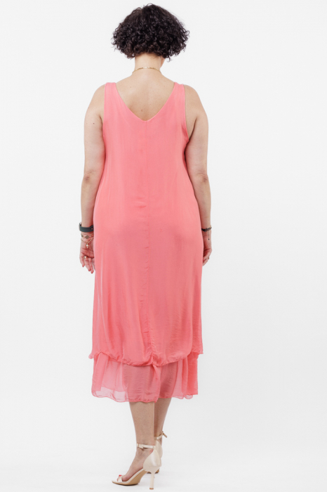 Rochie lunga A-line, suprapusa, din matase naturala, roz coral