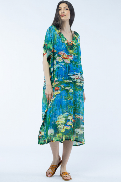 Rochie lunga de plaja tip poncho cu imprimeu dupa "Nuferii" de Claude Monet