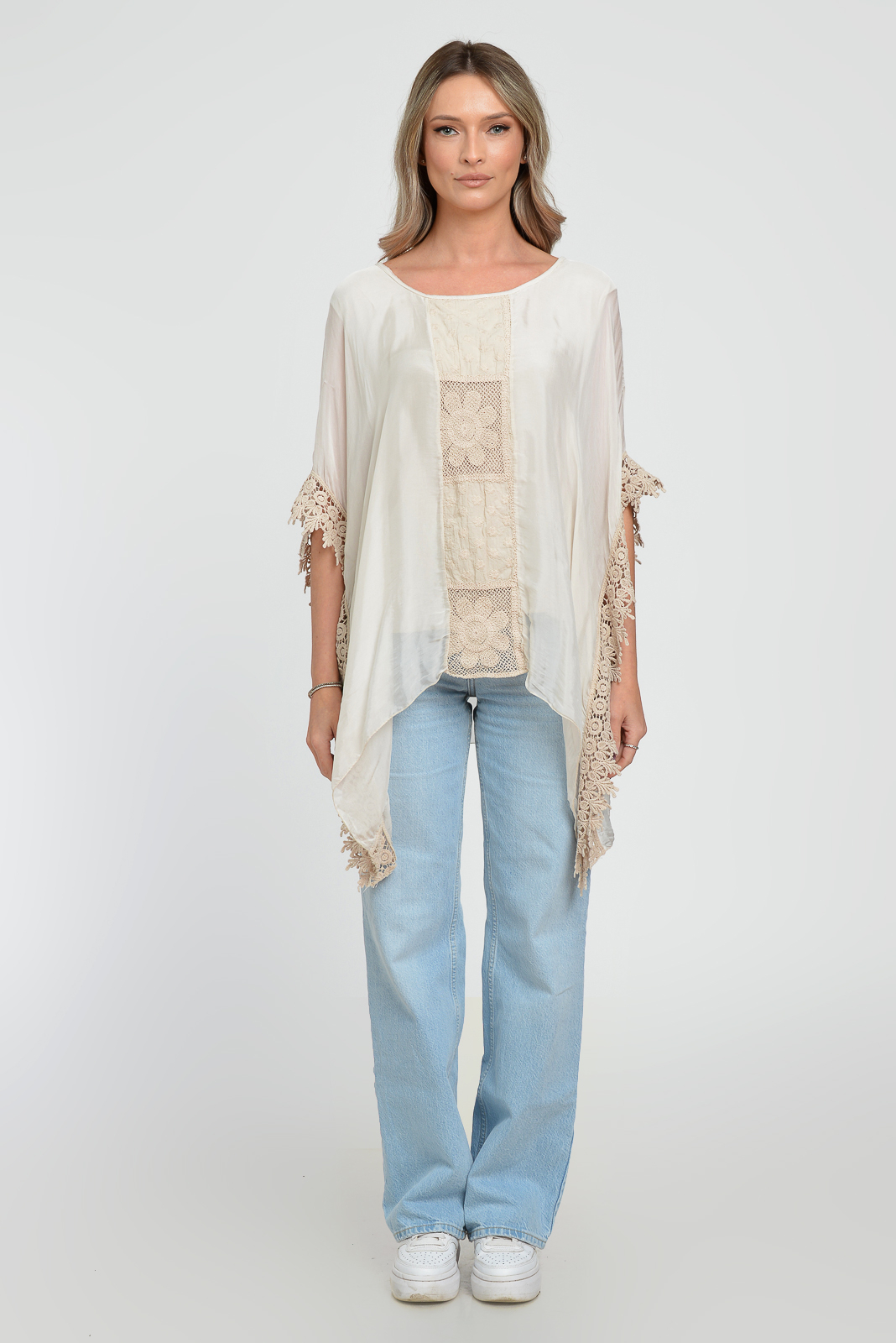 Bluza boho bej, din matase si vascoza, in colturi, cu insertie de ...