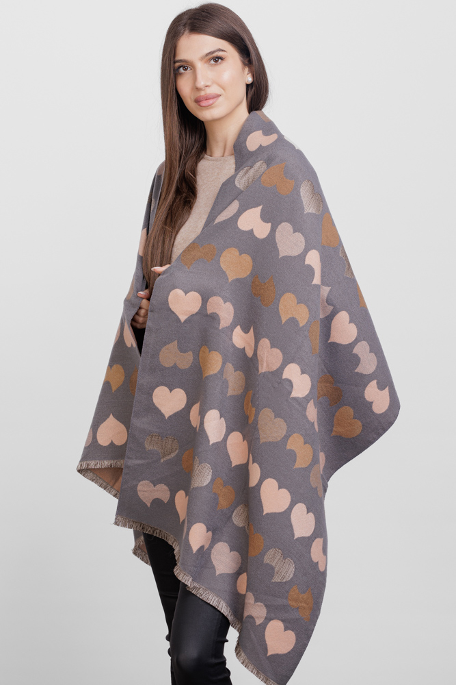 Esarfa din casmir cu dubla fata imperimeu cu inimi roz pe fond gri