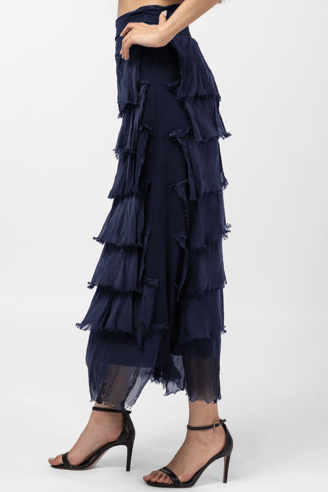 Fusta lunga cu volane suprapuse, din matase si vascoza, bleumarin