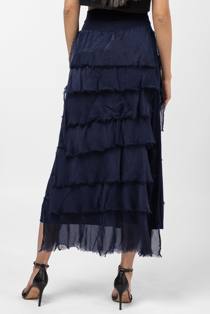 Fusta lunga cu volane suprapuse, din matase naturala, bleumarin