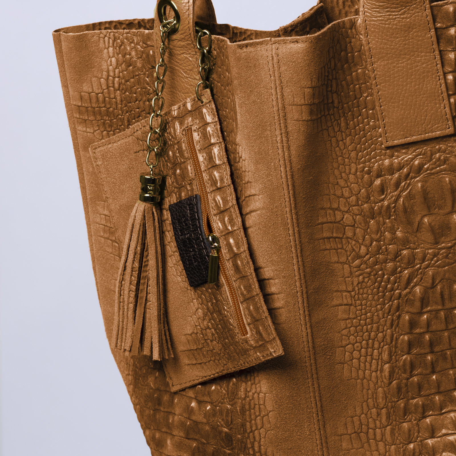 Geanta shopper camel inchis din piele intoarsa naturala