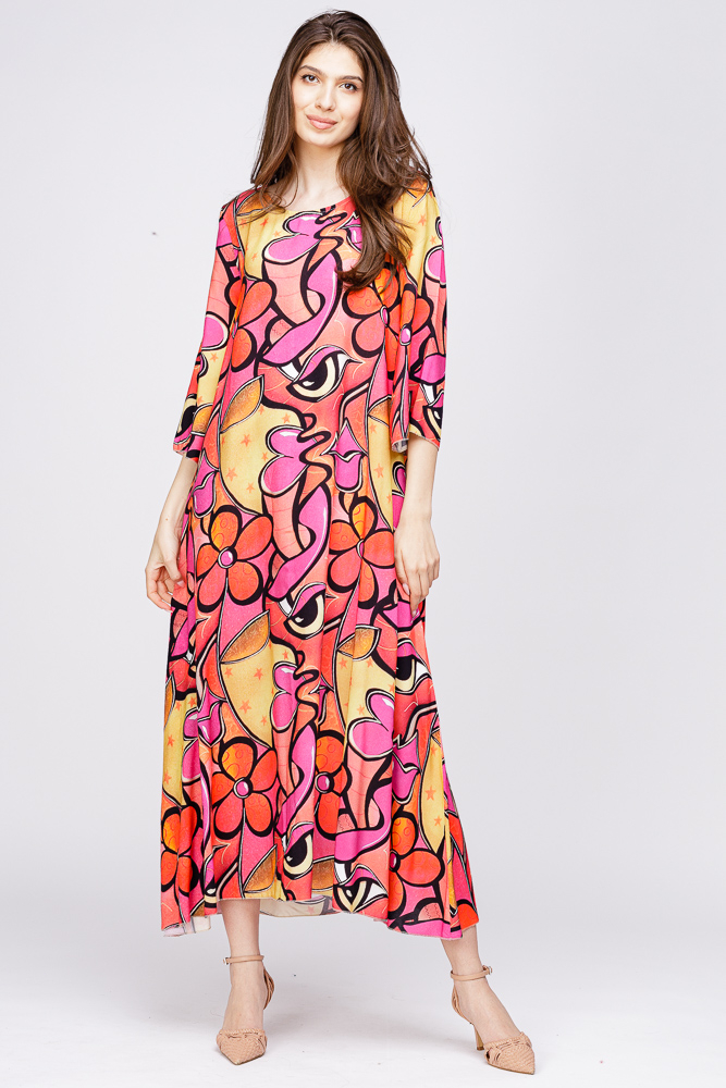 Rochie lunga A-line din vascoza cu imprimeu floral predominant portocaliu