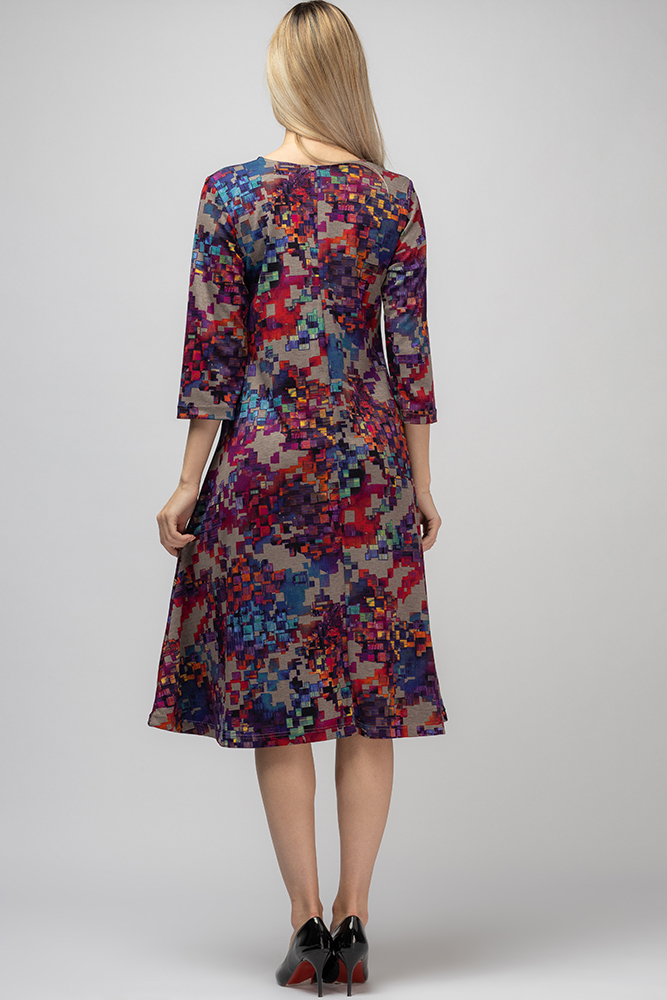 Rochie `A line` midi, fundal gri si imprimeu multicolor, din jerseu de ...