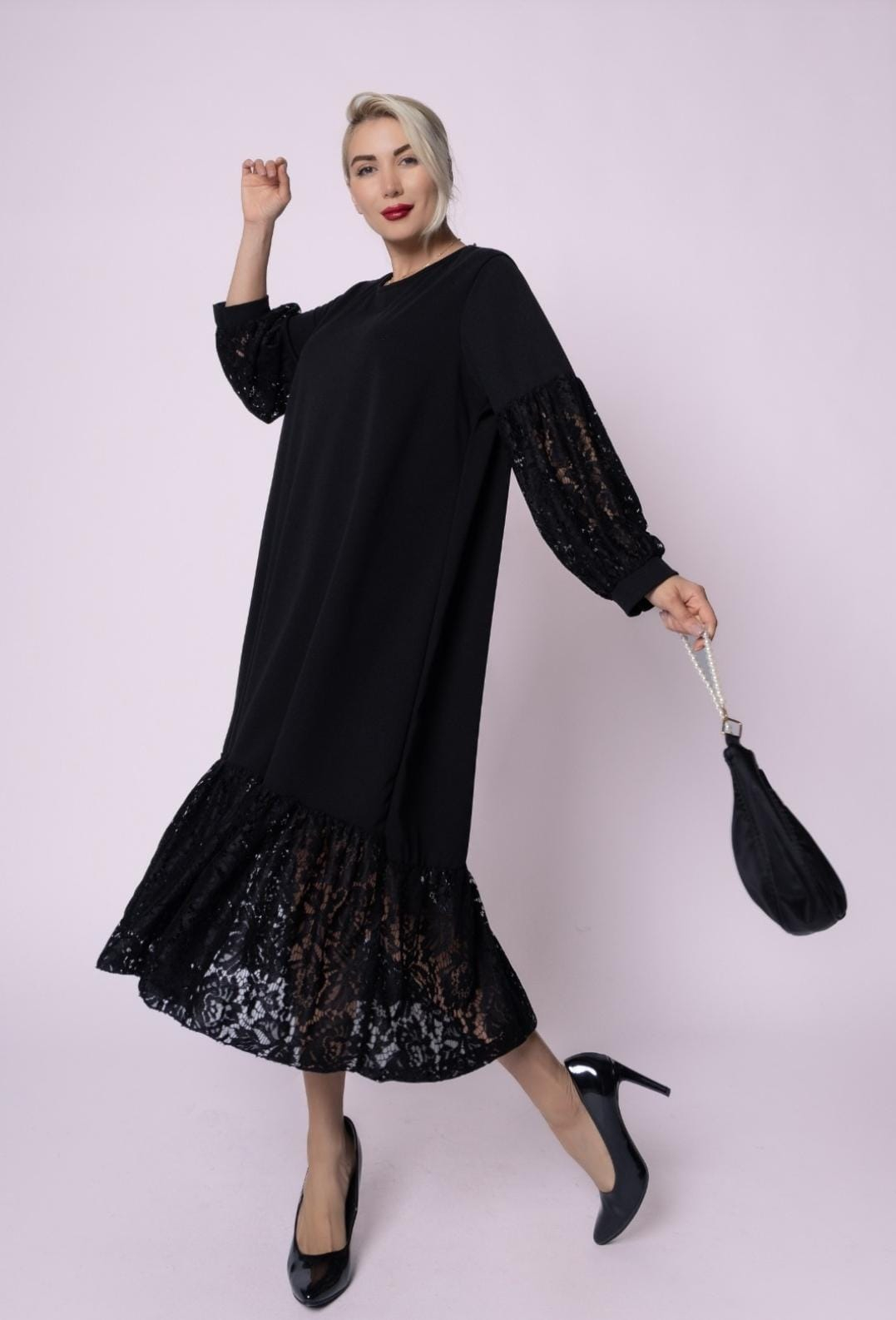 Rochie A-line neagra, midi, cu volane din tull la maneci si poale, cu ...