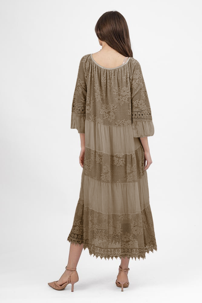 Colectie noua | Rochie boho bej inchis, lunga cu volane, din matase ...