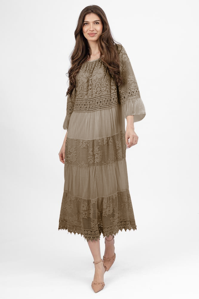 Colectie noua | Rochie boho bej inchis, lunga cu volane, din matase ...