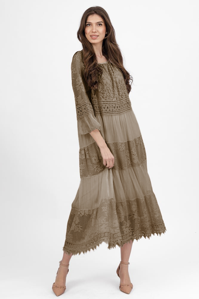 Colectie noua | Rochie boho bej inchis, lunga cu volane, din matase ...