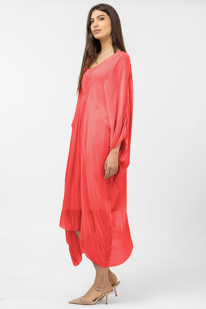 Rochie corai in colturi, lunga, ampla, din matase naturala, cu detaliu ...