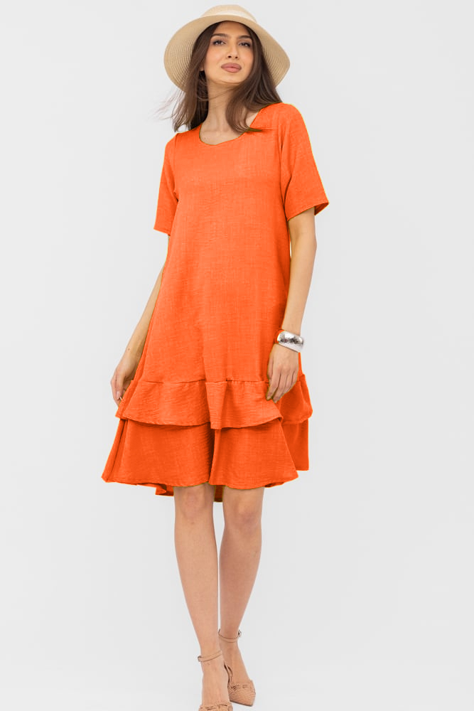 Rochie portocalie `A line` midi, cu doua volane poale, din in mercerizat