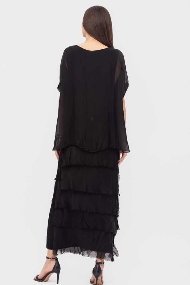 Rochie neagra din matase naturala cu volane franjurate suprapuse