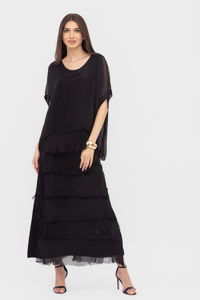 Rochie neagra din matase naturala cu volane franjurate suprapuse