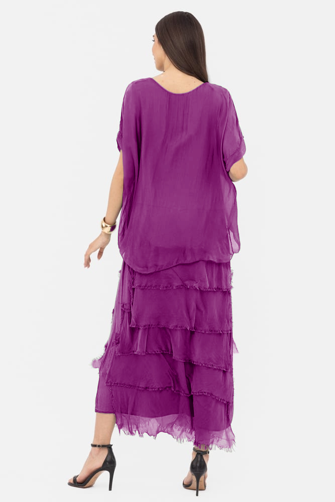 Rochie magenta din matase naturala cu volane franjurate suprapuse