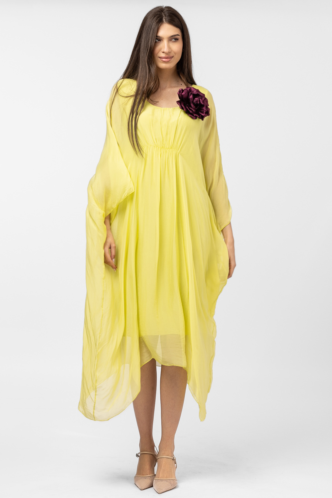 Rochie galbena, lunga, ampla, din matase naturala, cu detaliu sub bust ...