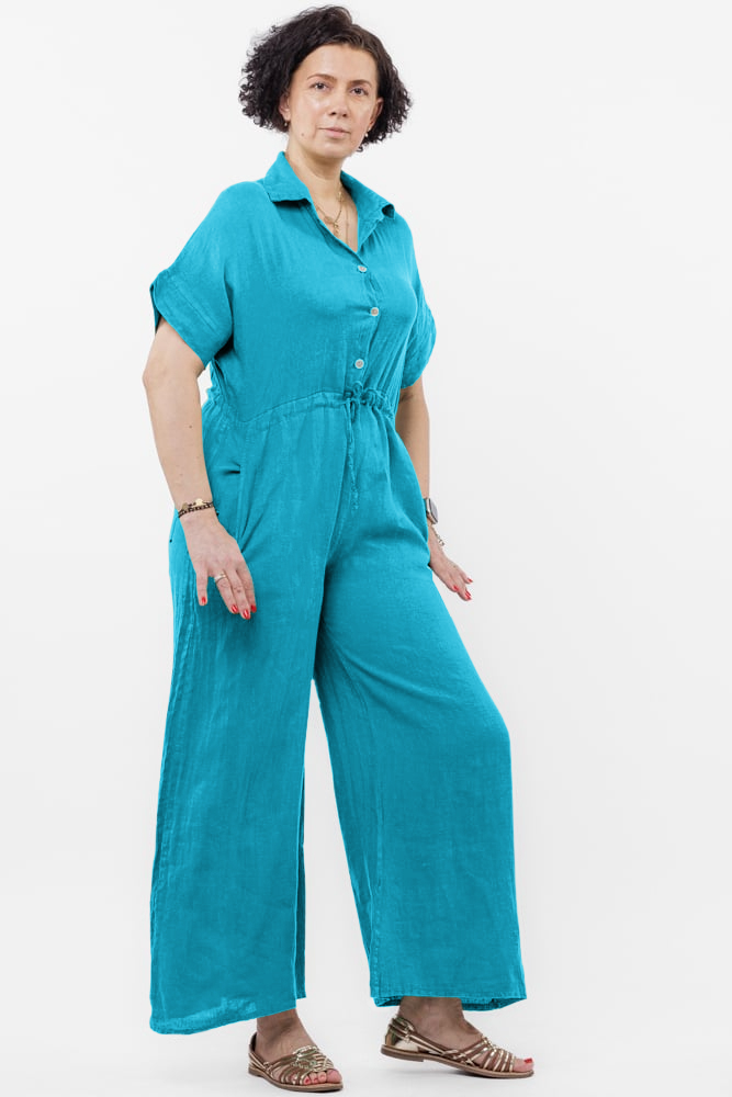 Salopeta de vara din in cu siret in talie si guler camasa, albastru azur