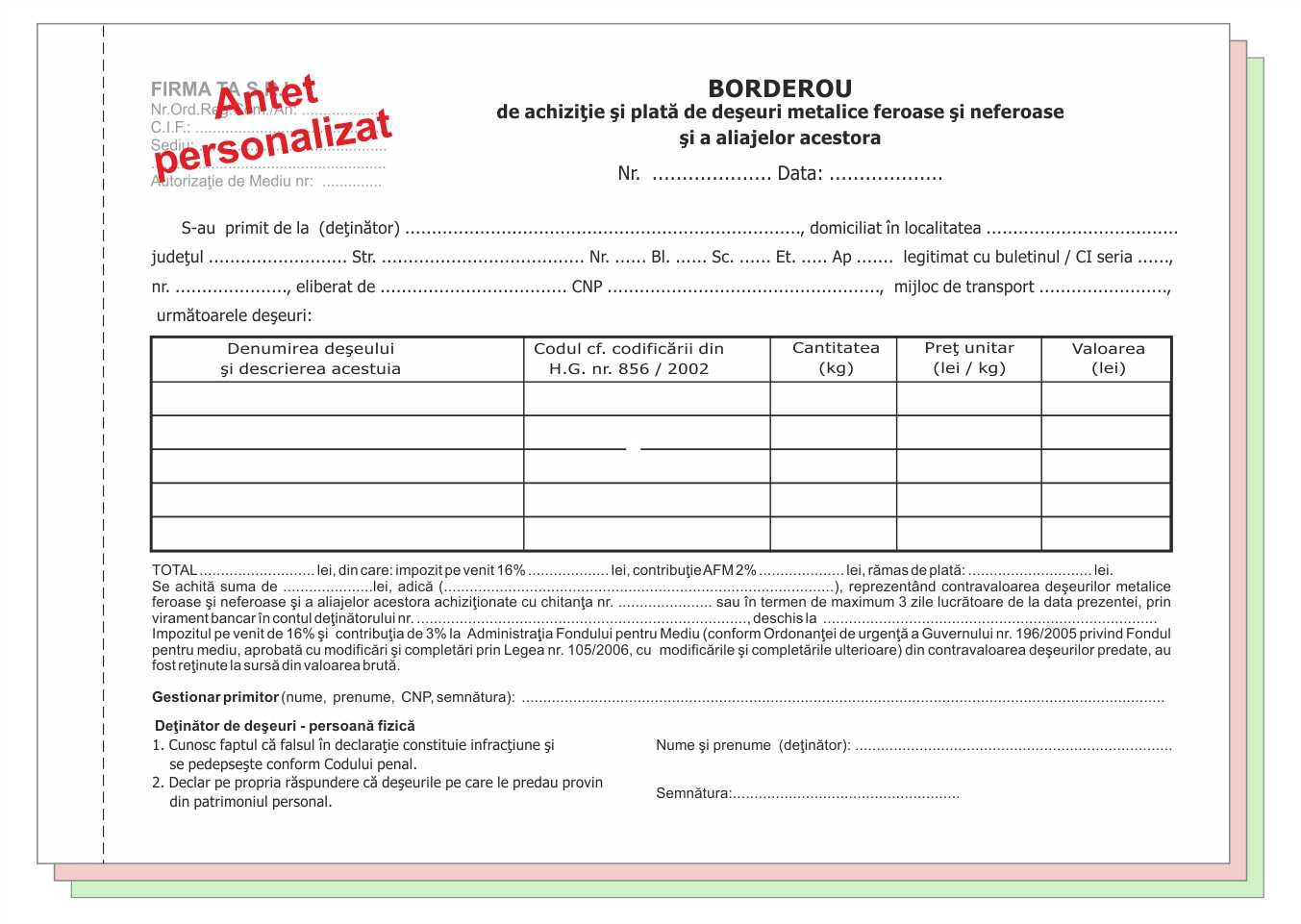 Borderou de achiziţie şi plată de deşeuri metalice A5 - 3 exemplare ...